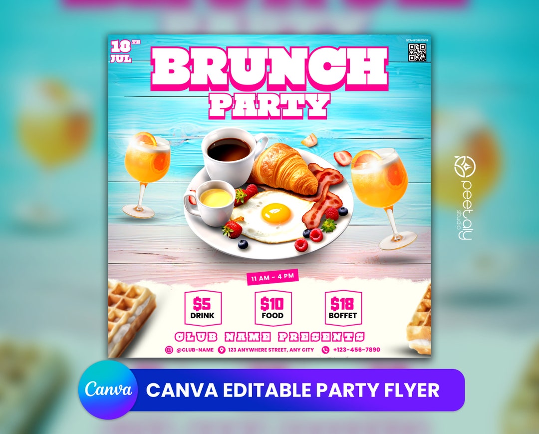 Brunch Party Flyer Template for Canva, DIY Event Flyer, Party Flyer ...