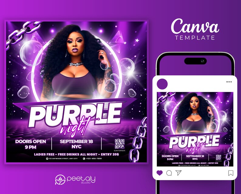 Purple Night Party Flyer, Editable Canva Template (digital Download) - Etsy