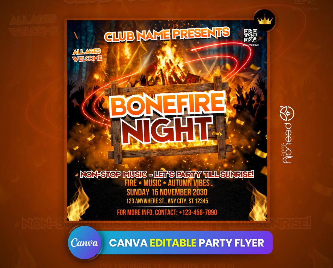 Bonfire Night Party Flyer Template, Autumn Event, Fireworks Celebration ...