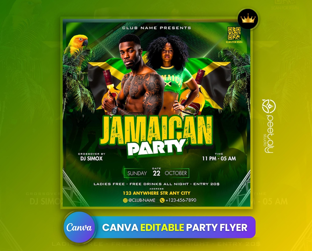 Editable Reggae Club Flyer Template for Canva, DIY Jamaican Flyer ...