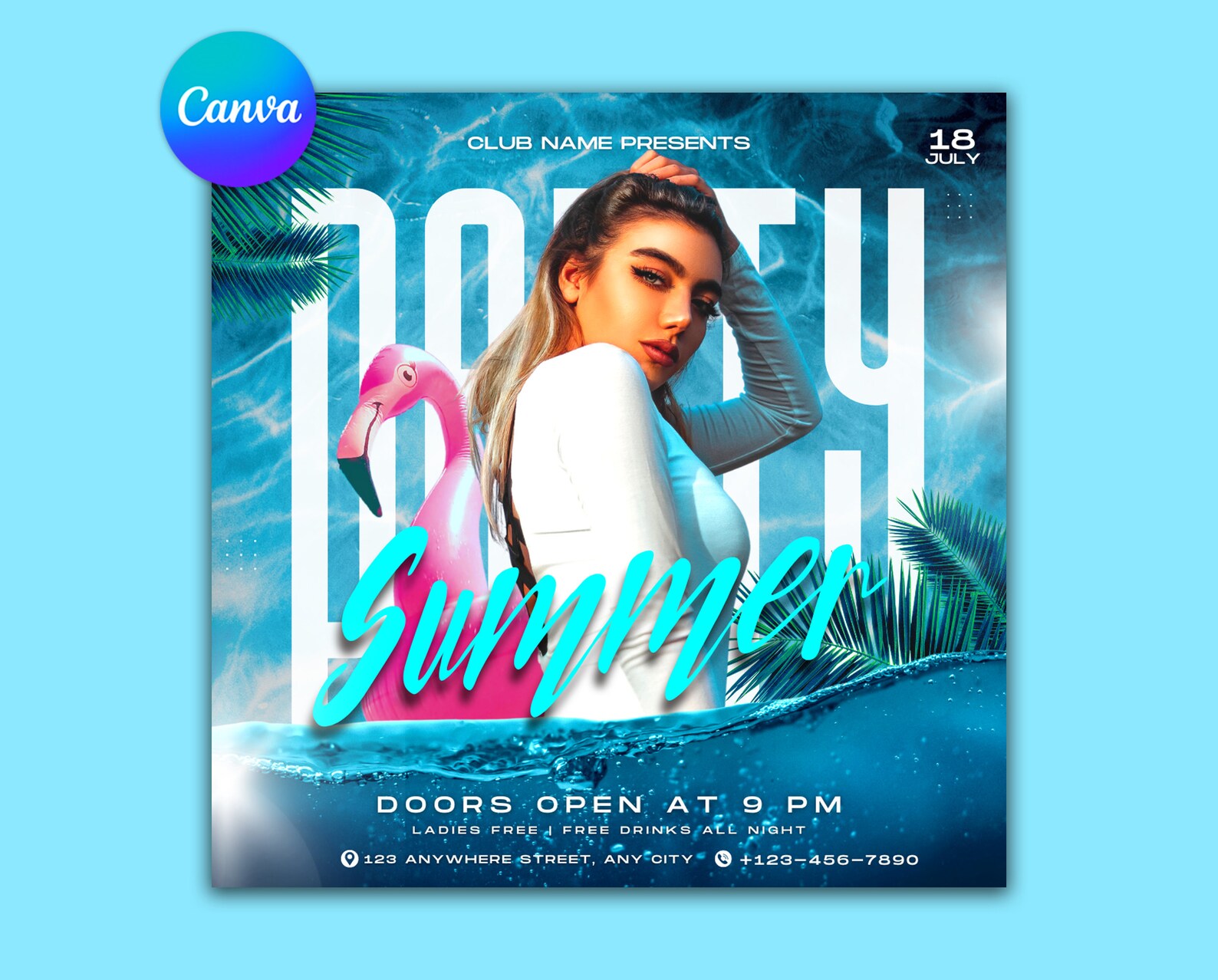 Editable Blue Tropical Summer Party Canva Template Social - Etsy