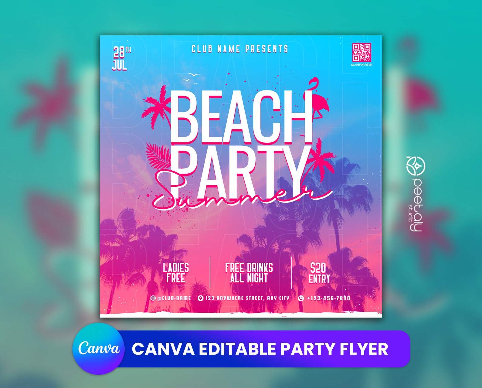 Beach Party Flyer, Social Media Pool Party Announcement Editable Summer ...