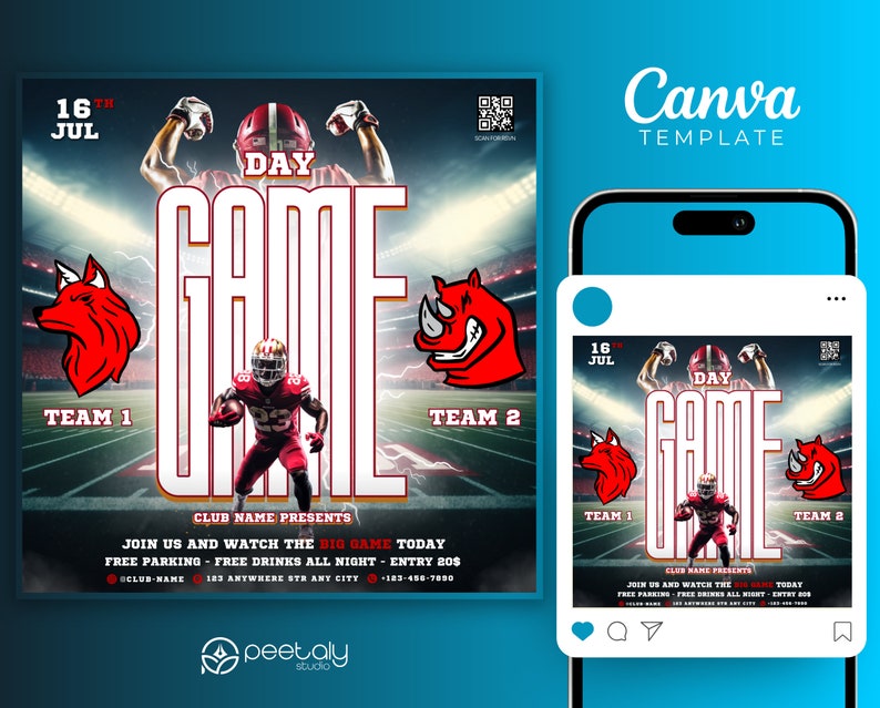 Game Day Football Flyer Template for Canva, DIY Event Flyer, Party ...