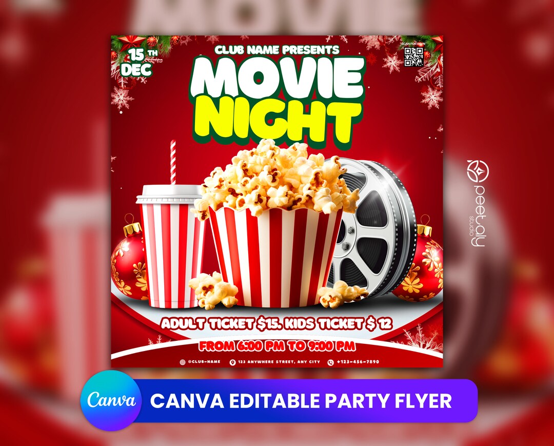 Christmas Movie Night Flyer Template for Canva, DIY Event Flyer, Party ...