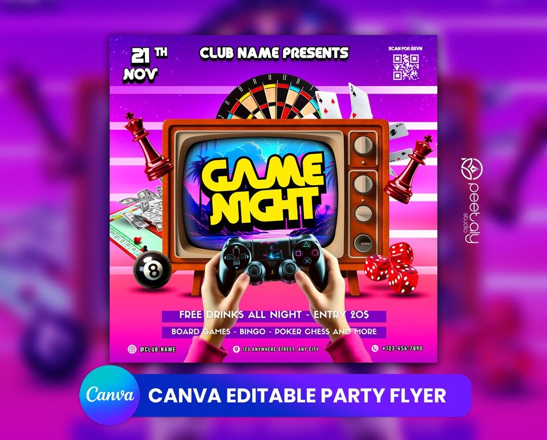 Game Night Party Flyer, Social Media Party Announcement Editable GAME ...