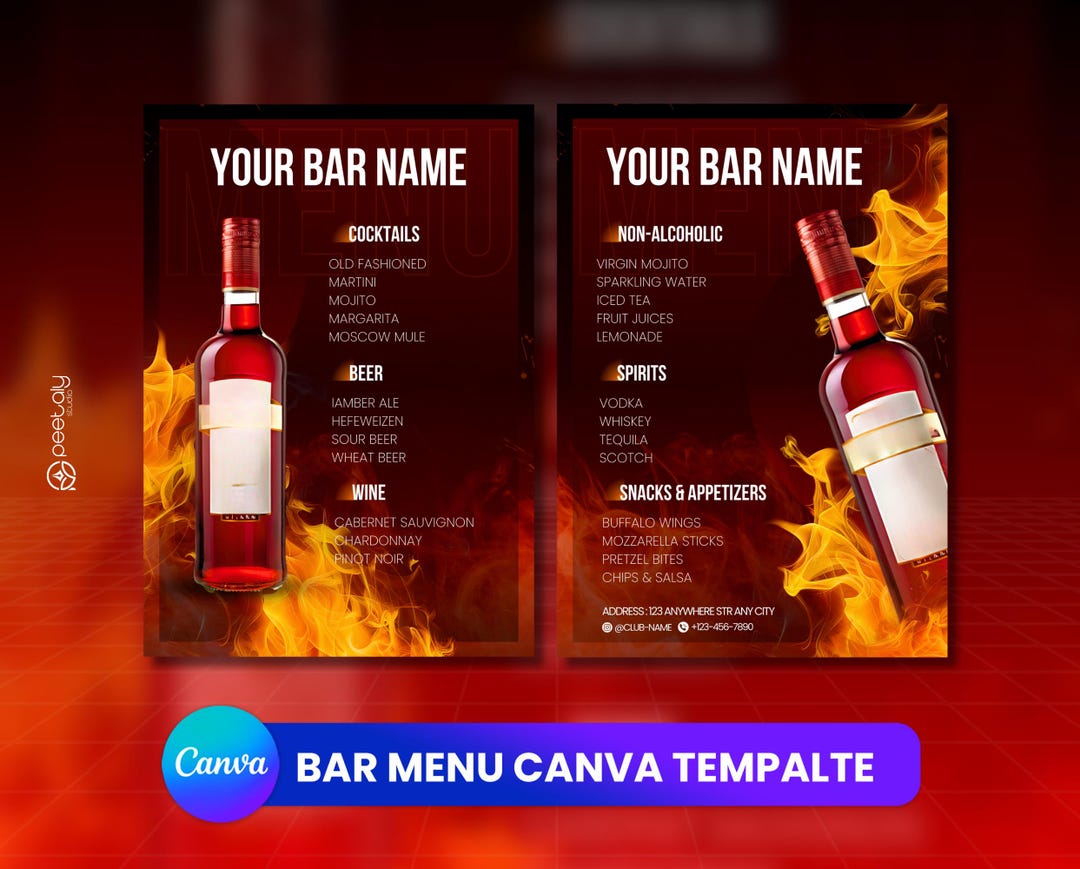 Editable Bar Menu Canva, Canva Bar Menu, Customizable Bar Menu, DIY Bar ...