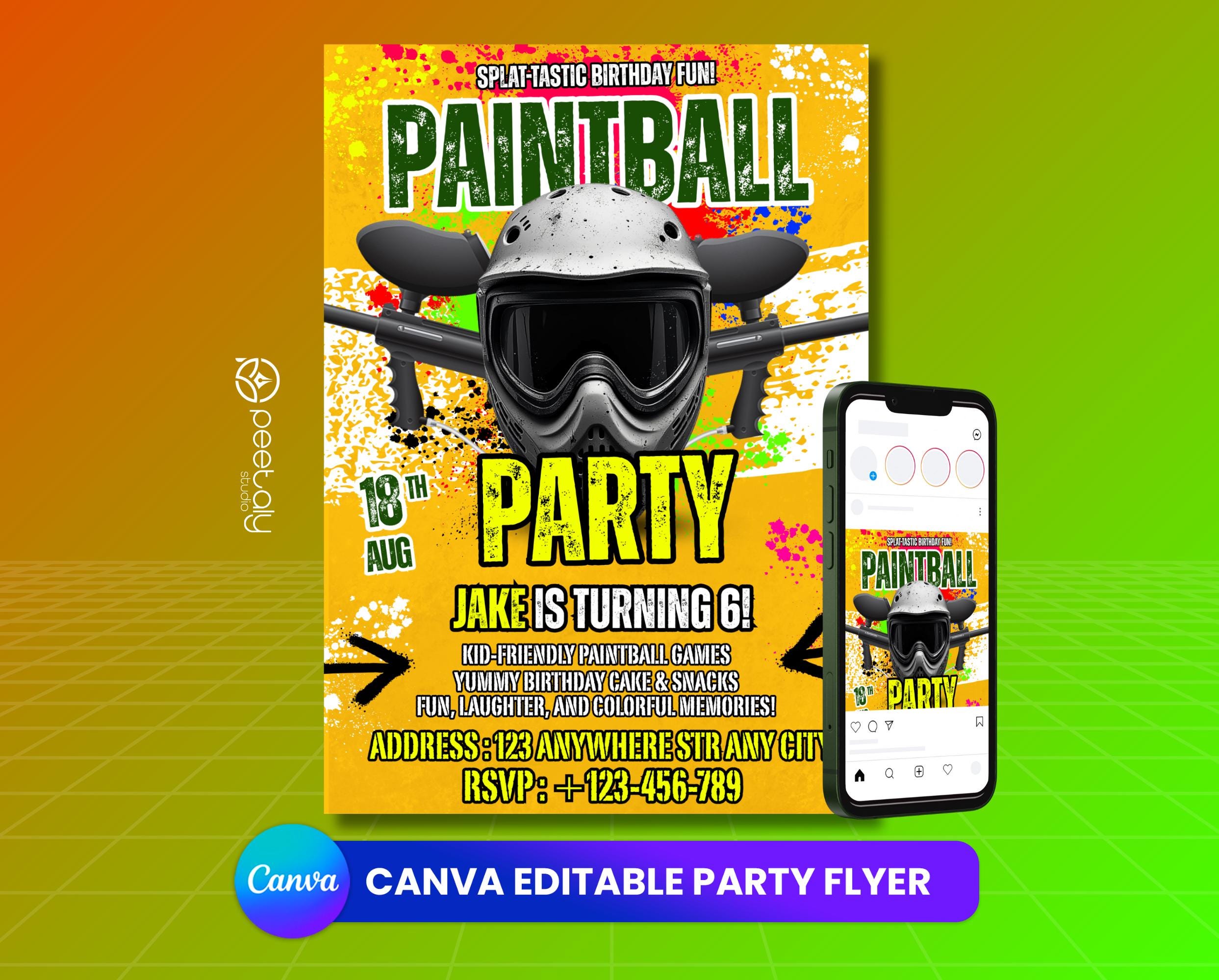 Editable Paintball Birthday Invitation Flyer, Canva Template (digital ...