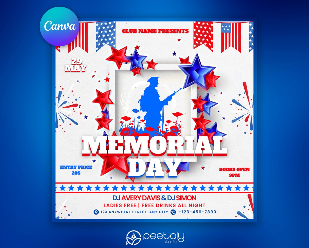 Editable Club Flyer Template for Canva, Memorial Day Party Flyer ,DIY ...