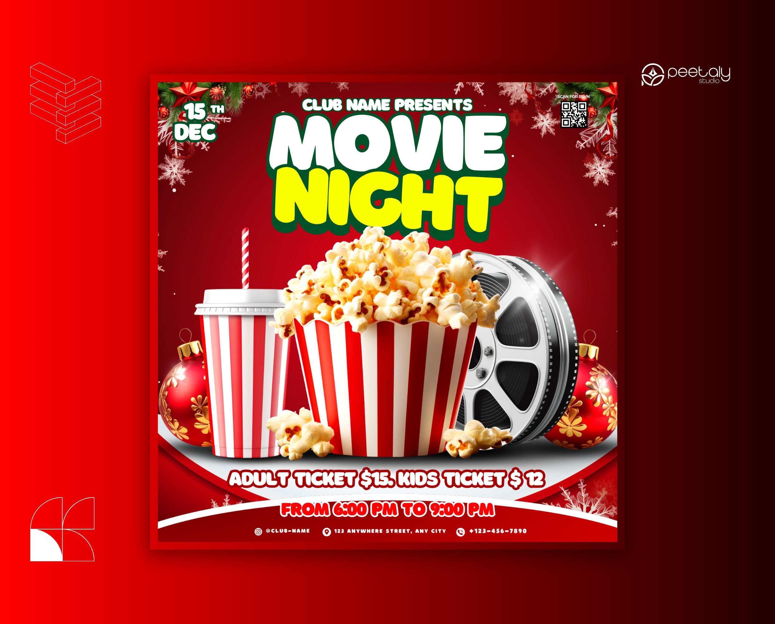 Christmas Movie Night Flyer Template for Canva, DIY Event Flyer, Party ...