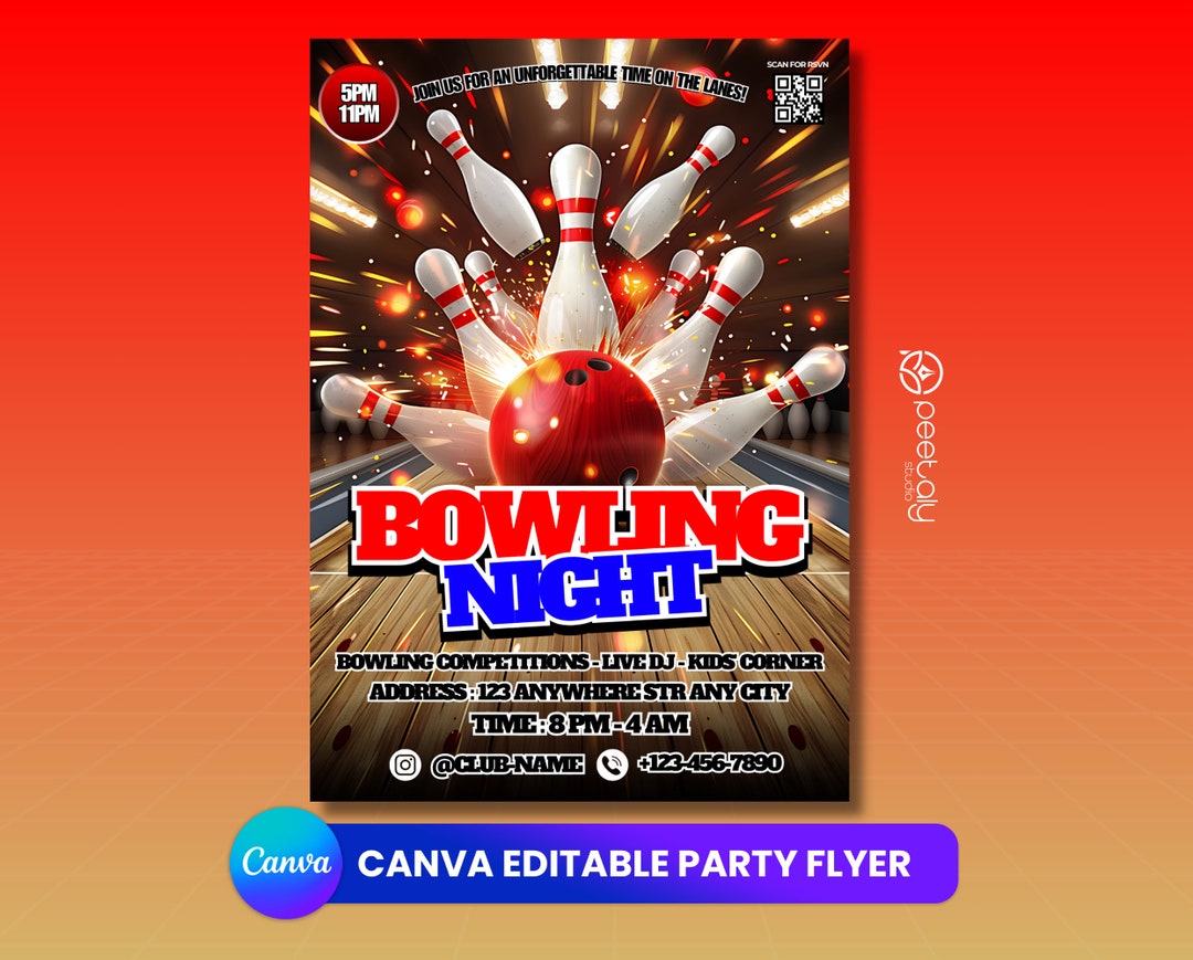Editable Bowling Flyer, Canva Bowling Flyer, Customizable Bowling Flyer ...