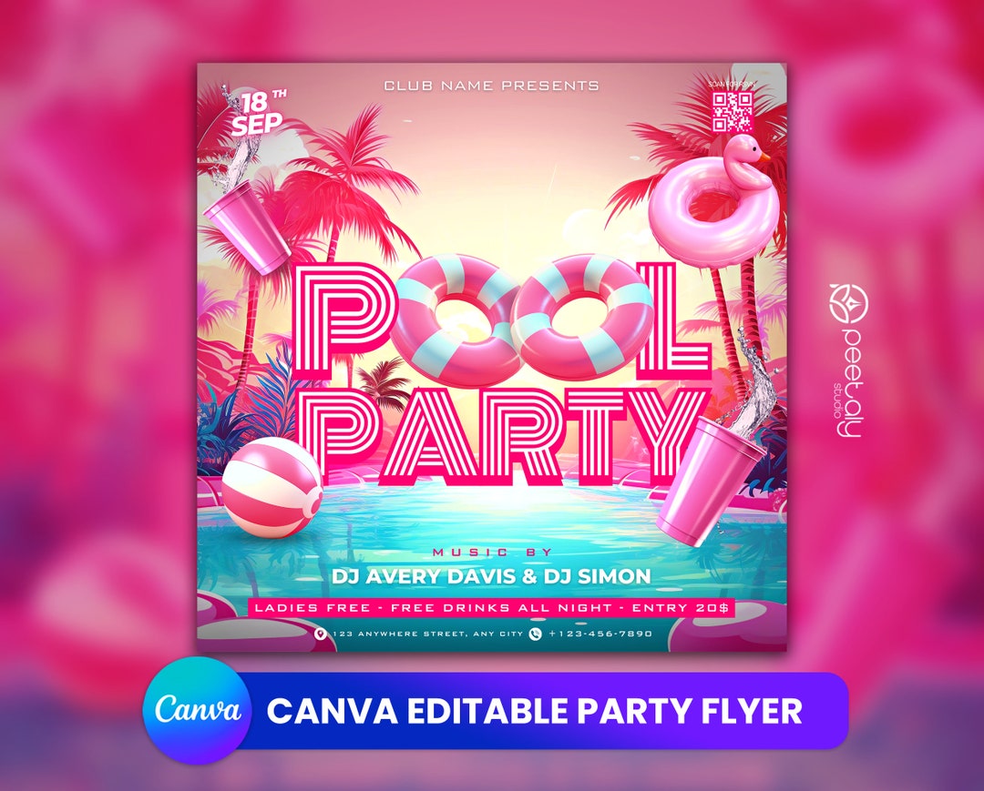 Tropical Pool Party Flyer, Social Media Announcement (canva Template ...