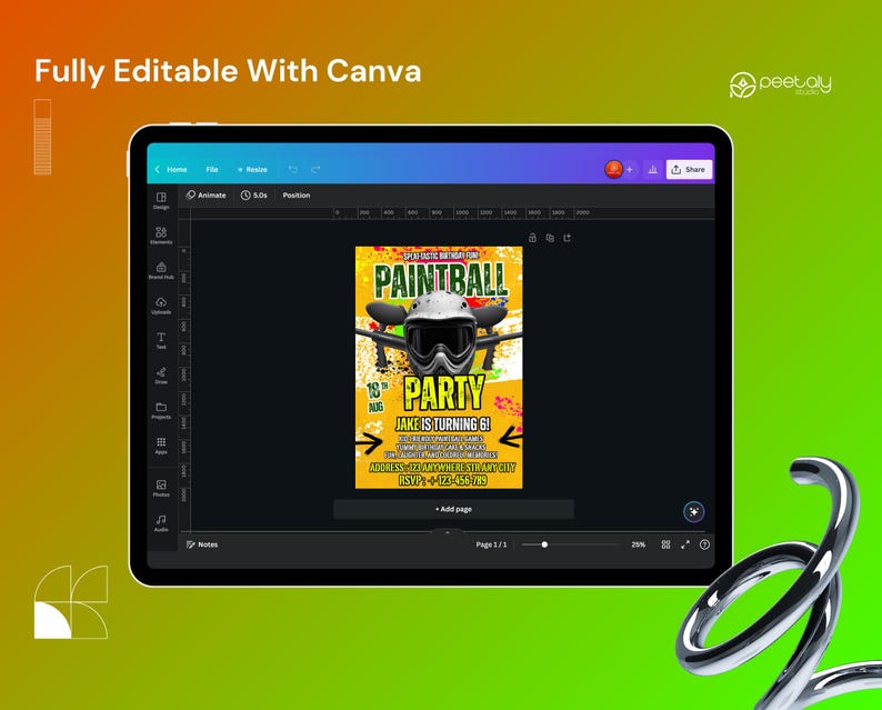 Editable Paintball Birthday Invitation Flyer, Canva Template (digital ...
