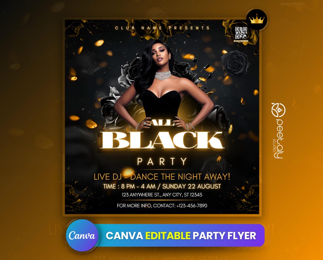 All Black Party Flyer, Elegant Social Media Invitation (canva Template ...