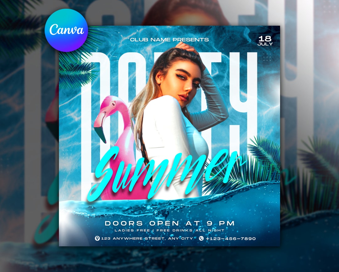 Editable Blue Tropical Summer Party Canva Template, Social Media ...