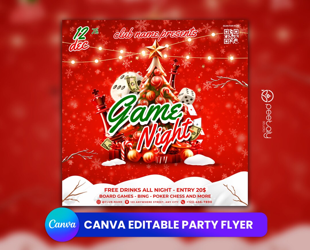 Christmas Game Night Party Flyer, Christmas Party Editable GAME NIGHT ...
