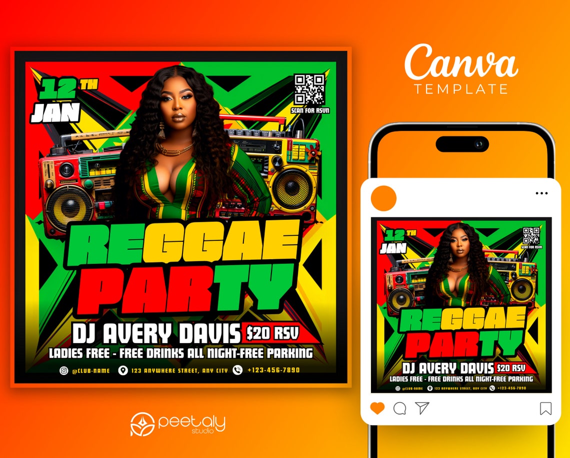 Editable Reggae Club Flyer Template for Canva, DIY Event Flyer, Party ...