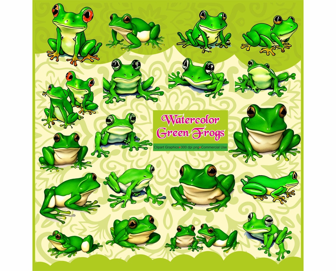 Watercolour Green Frogs Clipart - Cute Frog Floral Clip Art in PNG ...