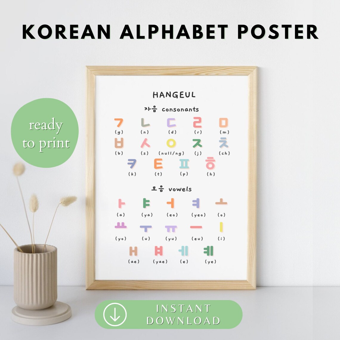 Korean Alphabet Hangeul Printable Poster, Korean Room Decor, Korean ABC ...
