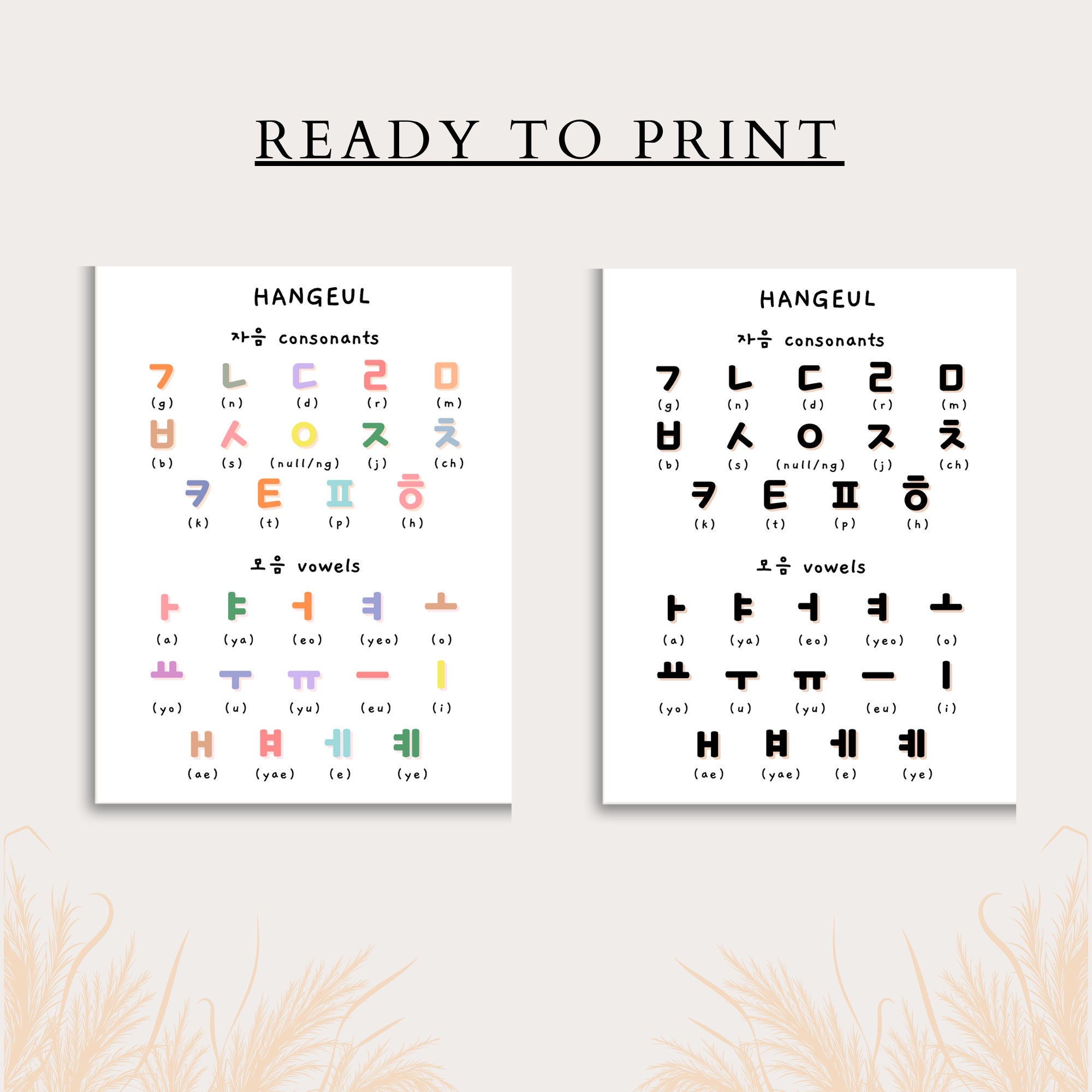 Hangeul Printable Poster: Korean Alphabet Consonants and Vowels ...