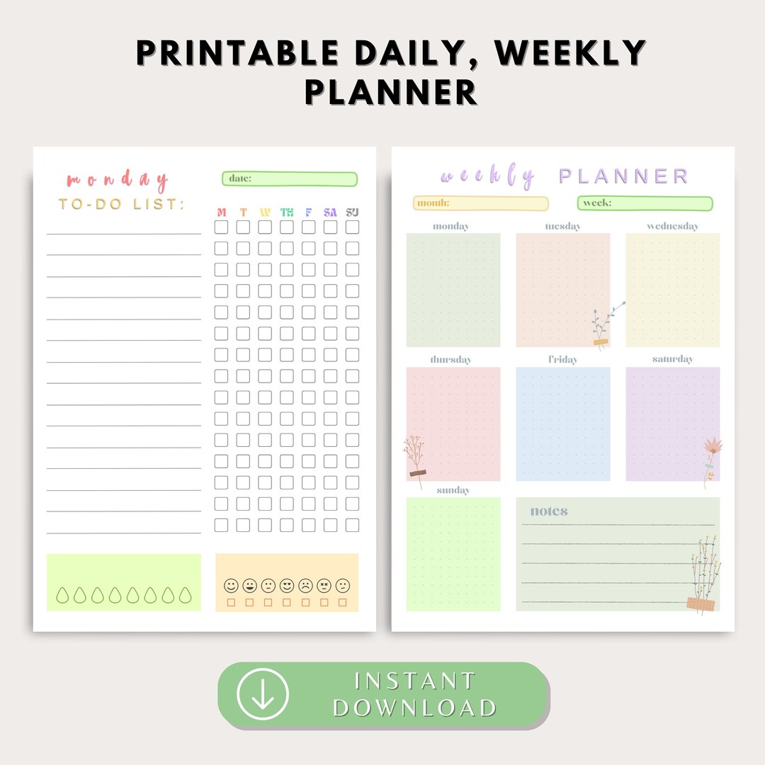 Colorful Daily and Weekly Planner: Printable Productivity Planner Pages ...