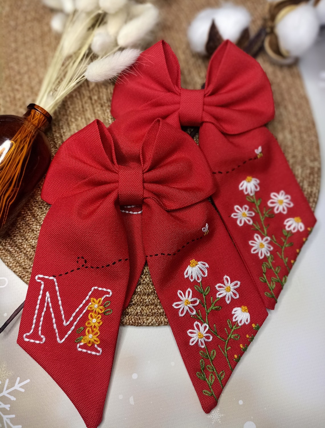 Hand Embroidered Bow, Handmade Hair Clips, Floral Hair Bow, Custom Name ...