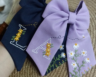 Hand Embroidered Bow, Handmade Hair Clips, Floral Hair Bow, Custom Name ...