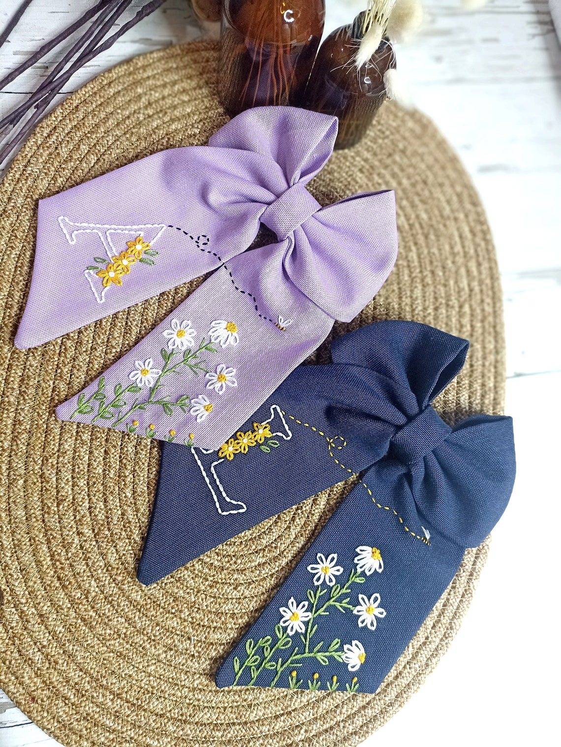 Hand Embroidered Bow, Handmade Hair Clips, Floral Hair Bow, Custom Name ...