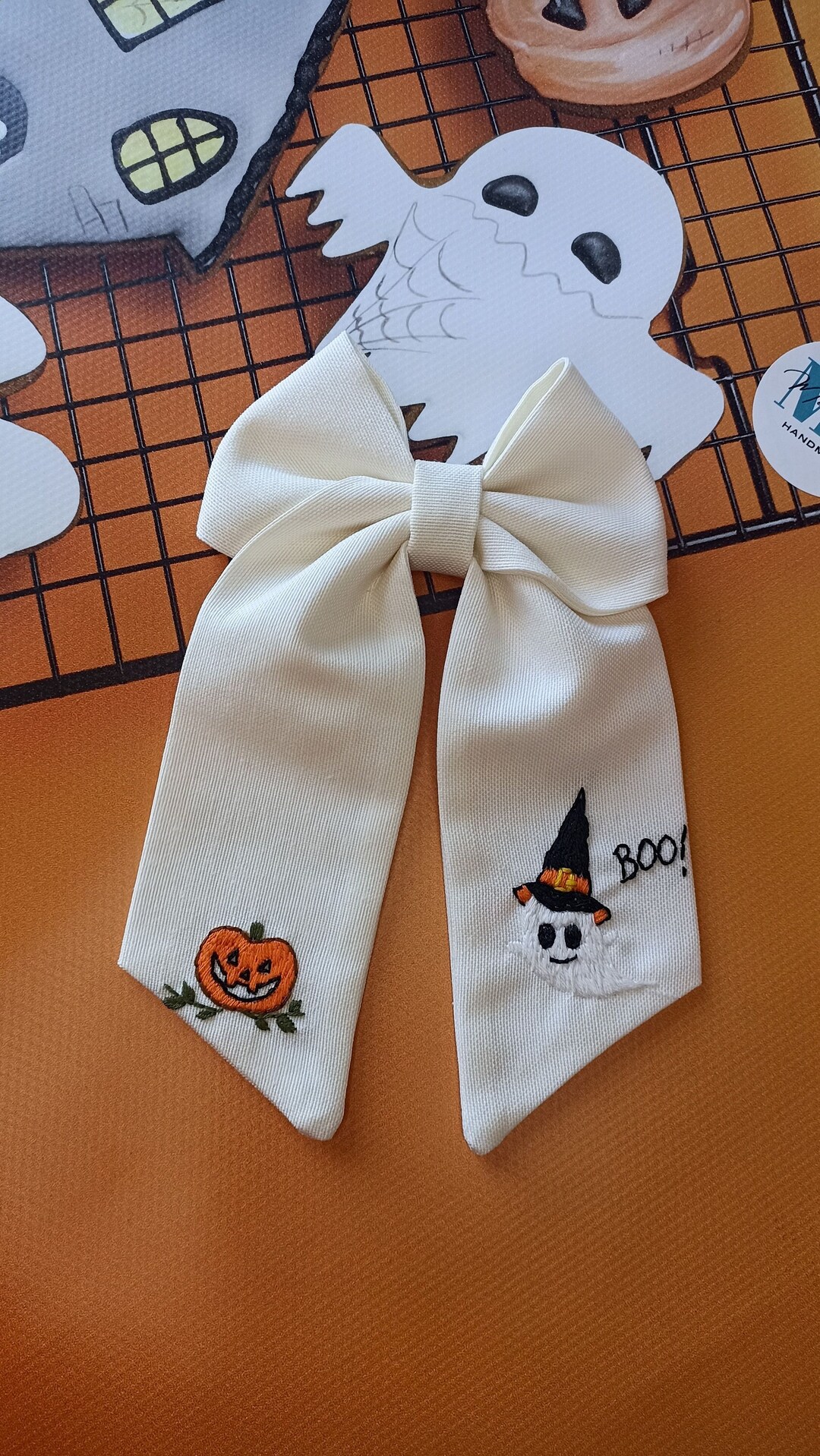 Halloween Gift Buckle, Pumpkin Embroidered Bow, Handmade Linen Bow ...