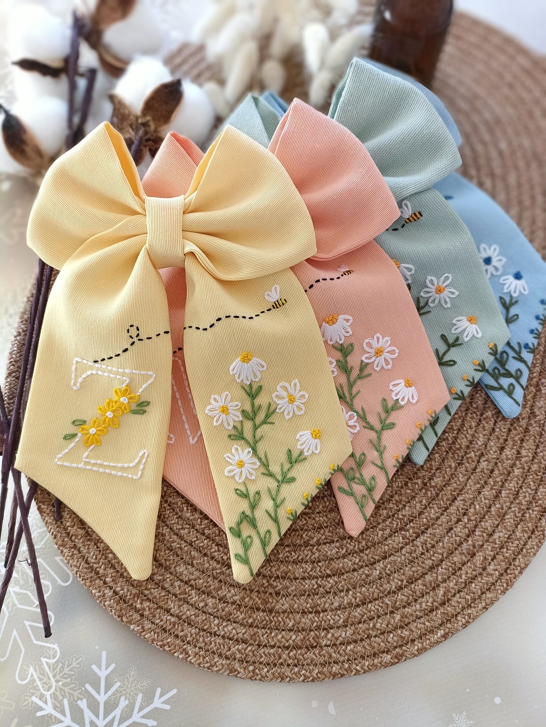 Handmade Linen Hair Bow: Floral Embroidered Initial Clip - Etsy