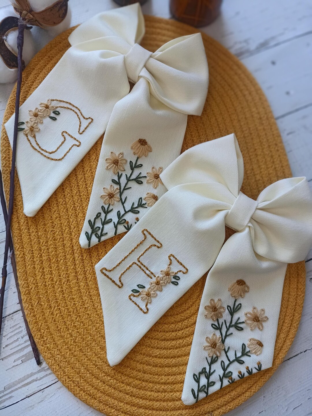 Handmade Linen Floral Embroidered Hair Bow: Custom Initial Clip - Etsy