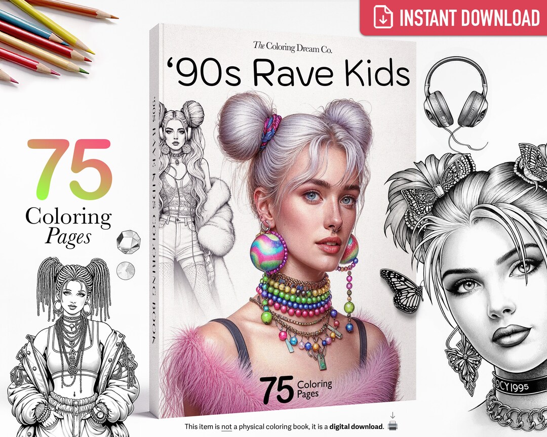 90s Rave Kids Coloring Book, Anime Fashion Coloring Book, Printable ...