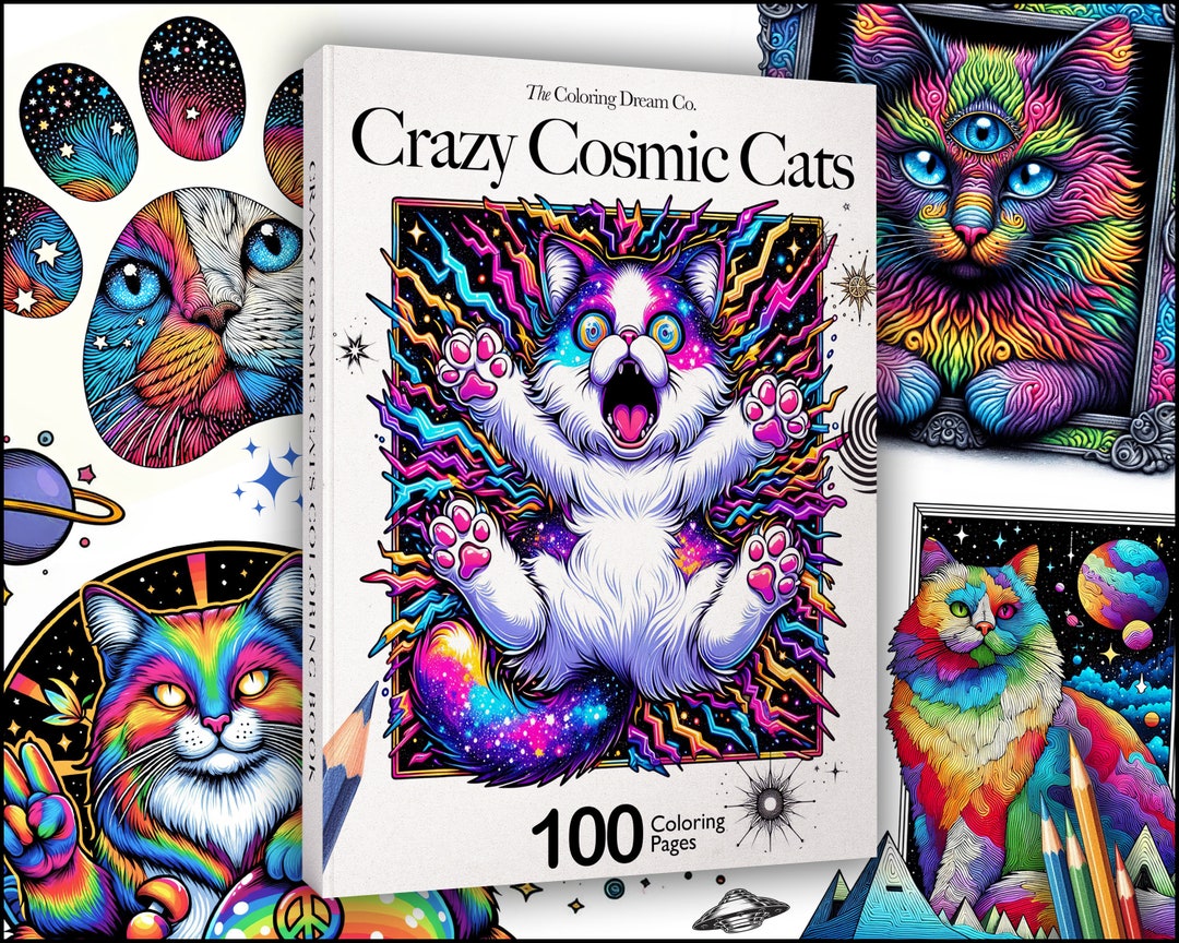 Psychedelic Cat Coloring Book: 100 Pages! Whimsical Surreal Coloring ...