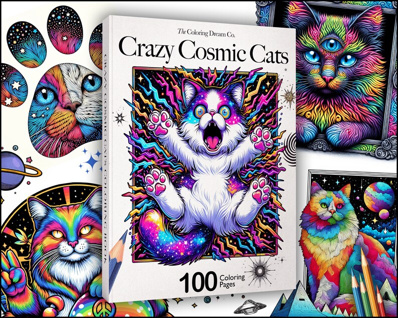 Psychedelic Cat Coloring Book: 100 Pages Whimsical Surreal Coloring ...
