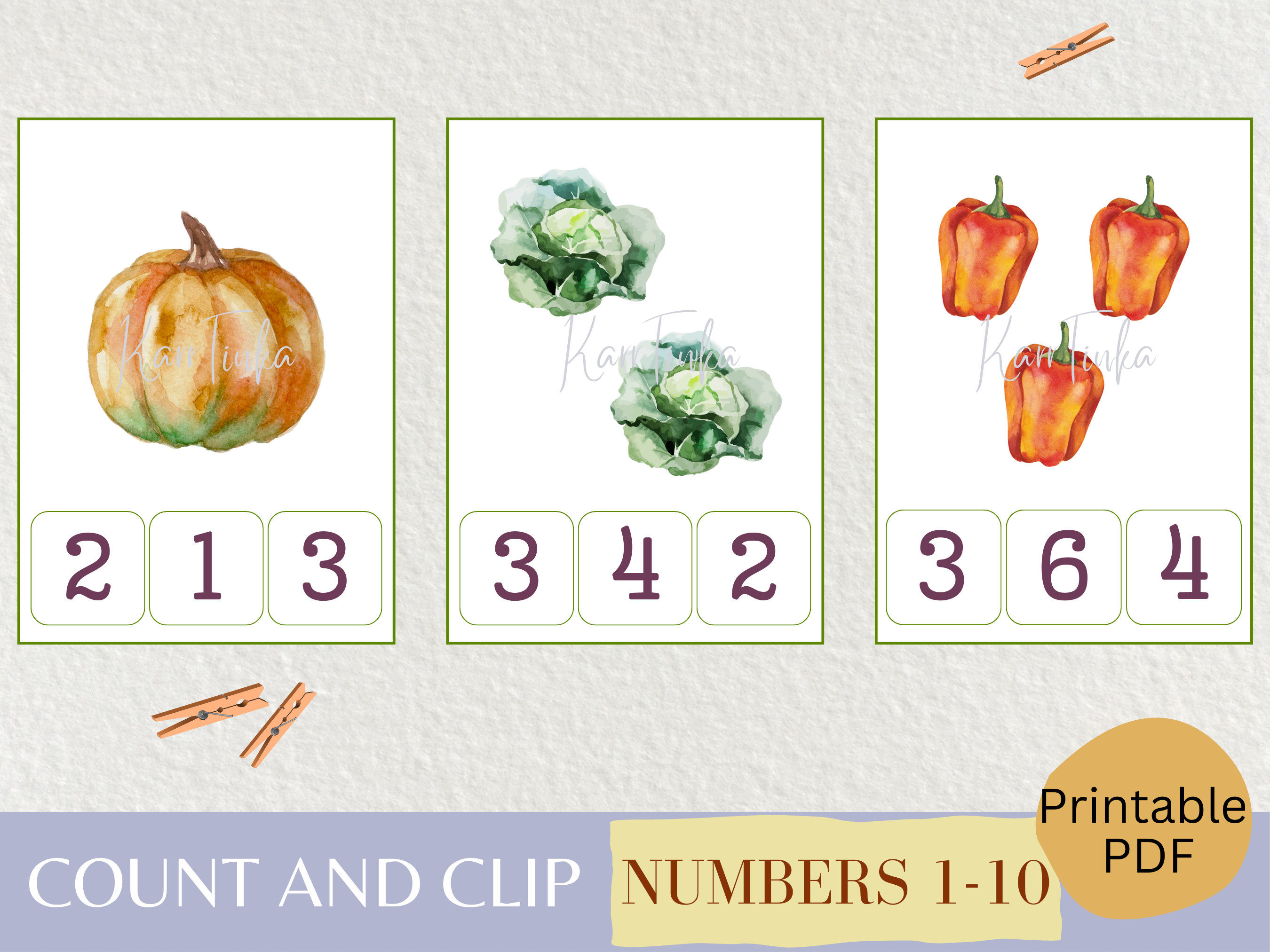 Vegetables Count and Clip Cards, Count and Match, Numbers Learning ...