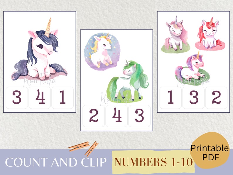 Cute Unicorns Count and Clip Cards 1-10, Count and Match, Numbers ...