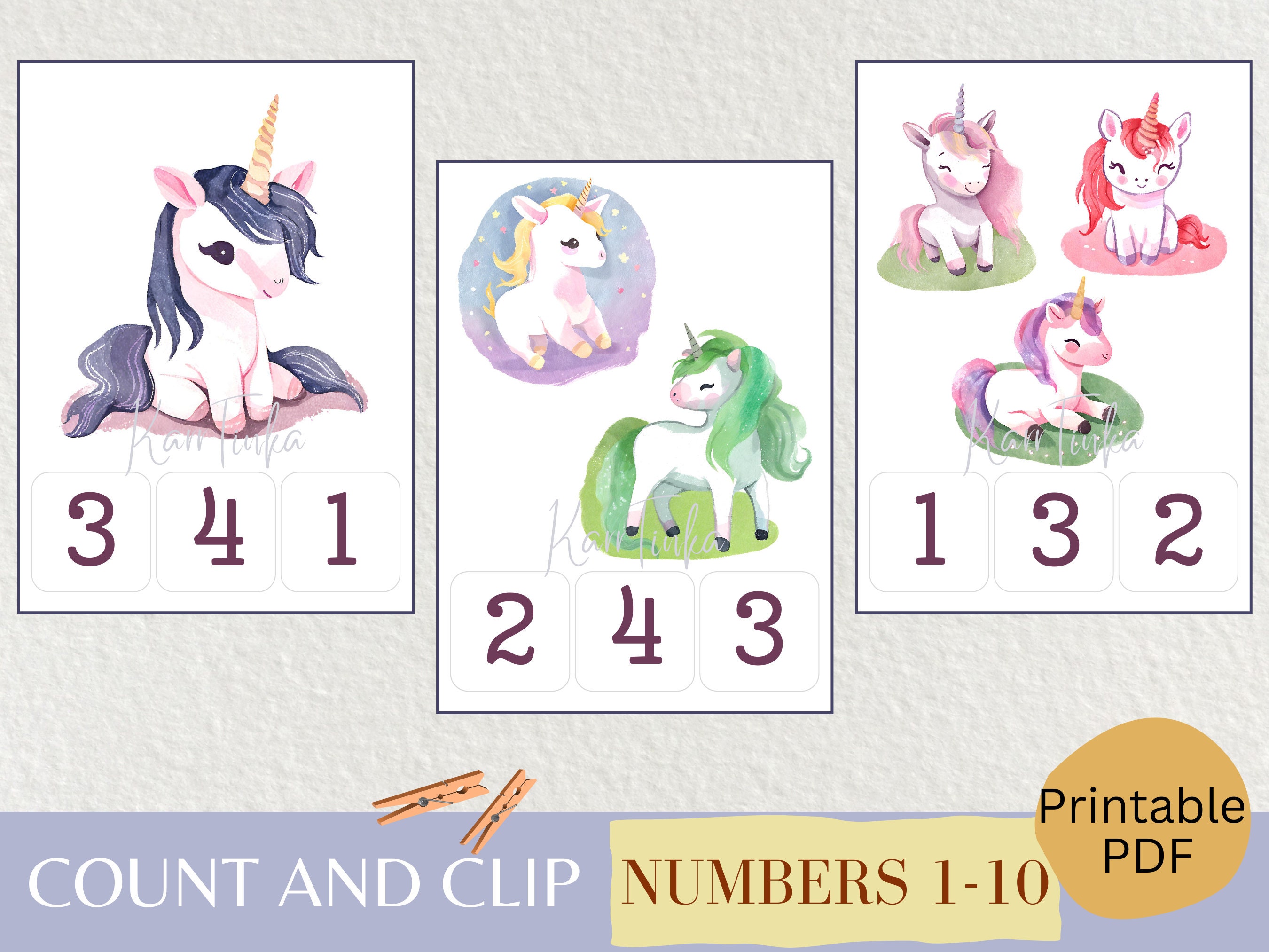 Cute Unicorns Count and Clip Cards 1-10, Count and Match, Numbers ...