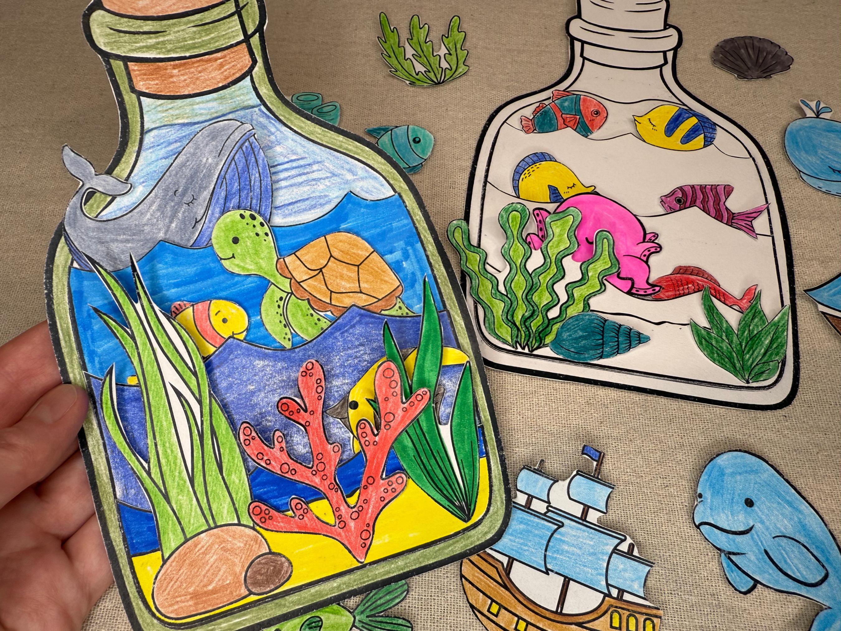 Build an Ocean in a Bottle Coloring, Summer DIY Kids Paper Craft ...
