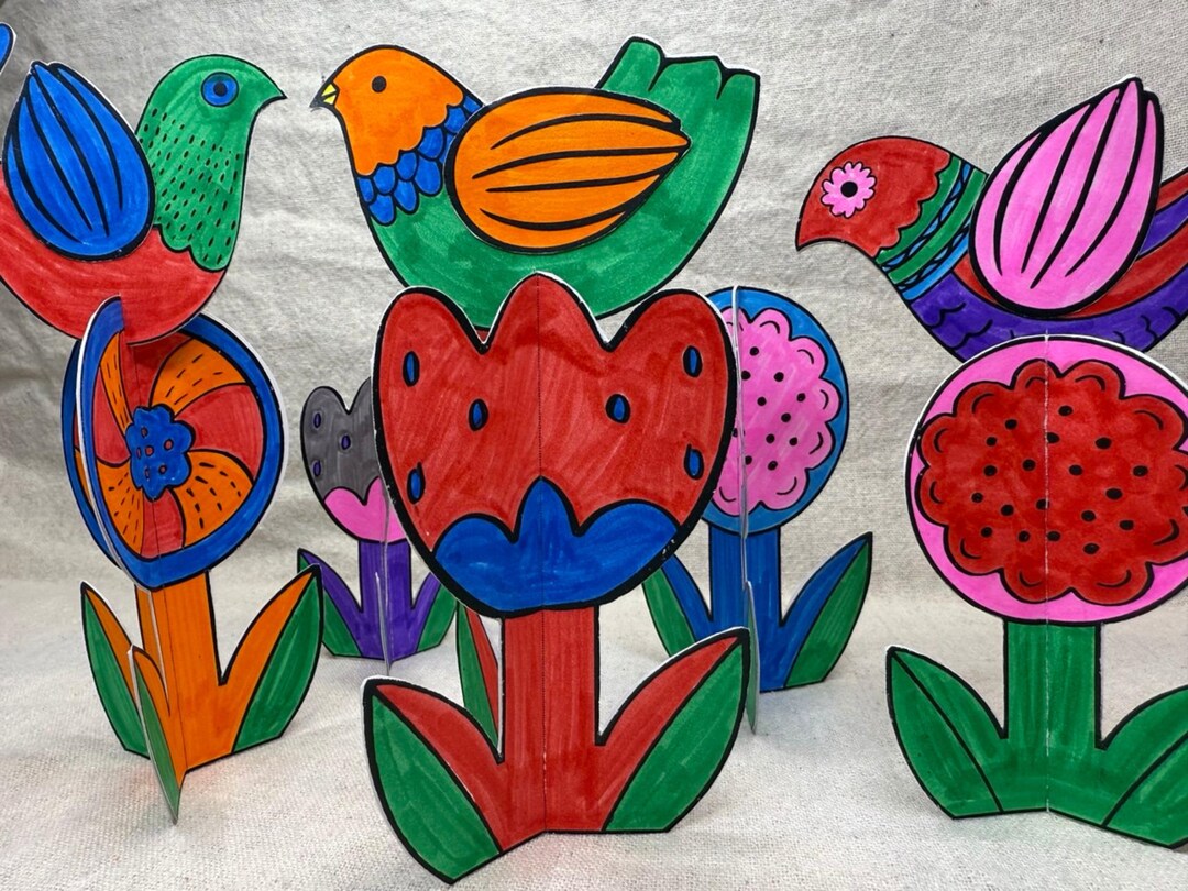 Spring Summer Bird Flower Coloring Set, Kids DIY Flowers Coloring Page ...