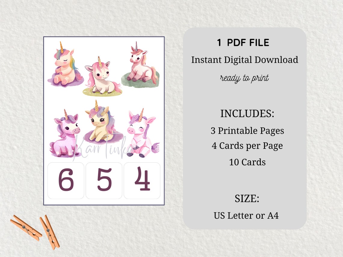 Cute Unicorns Count and Clip Cards 1-10, Count and Match, Numbers ...