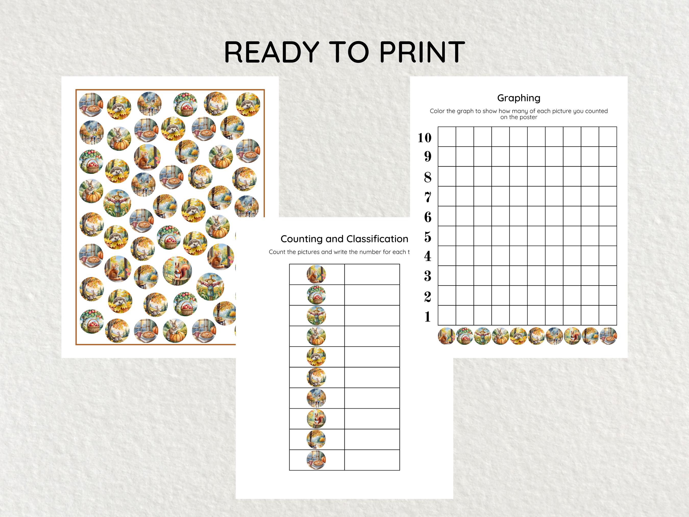 Autumn Count and Graph Worksheets, Fall Math Activity, Counting 1-10 ...
