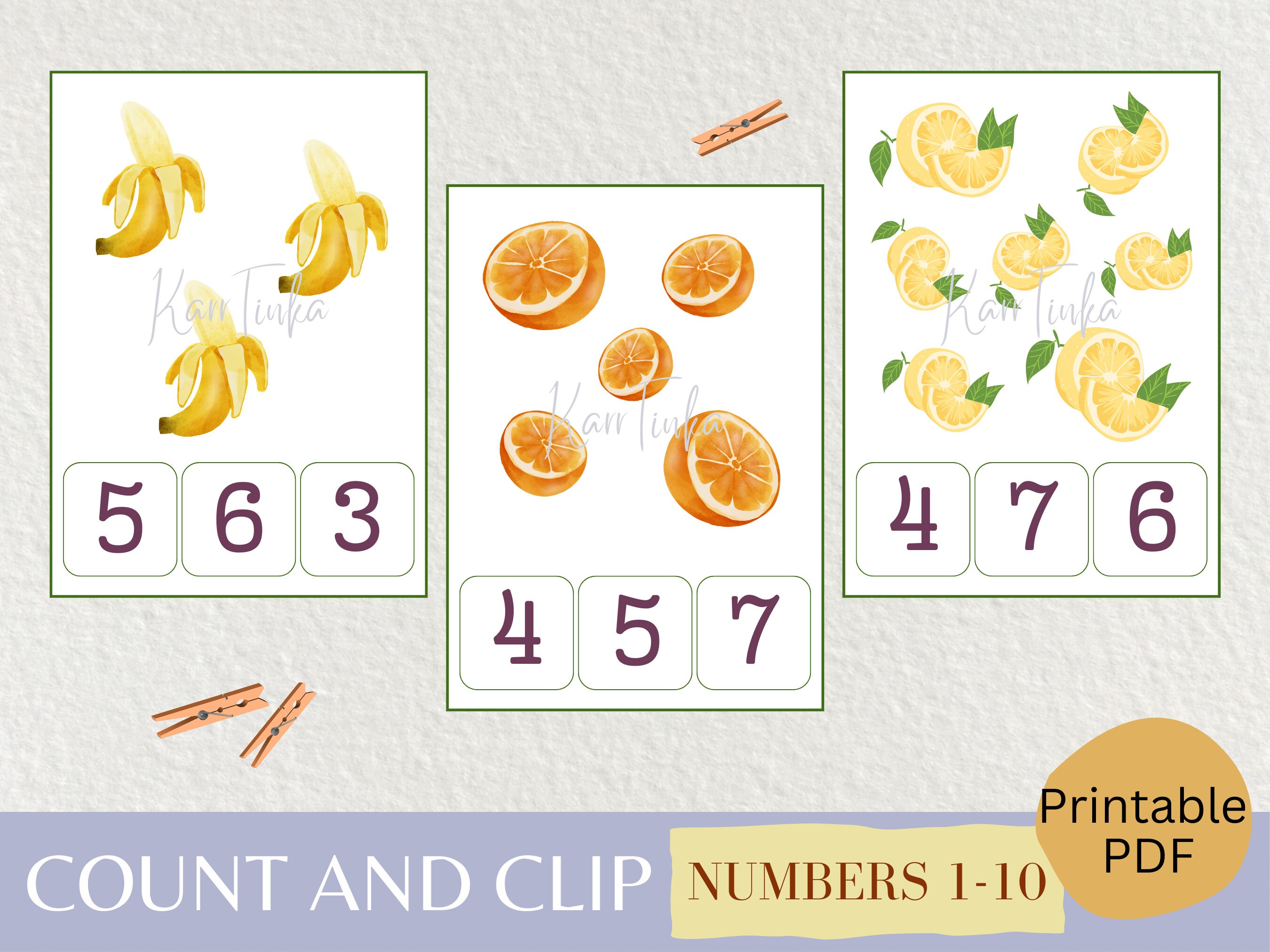 Fruits Count and Clip Cards, Count and Match, Numbers Learning 1-10 ...