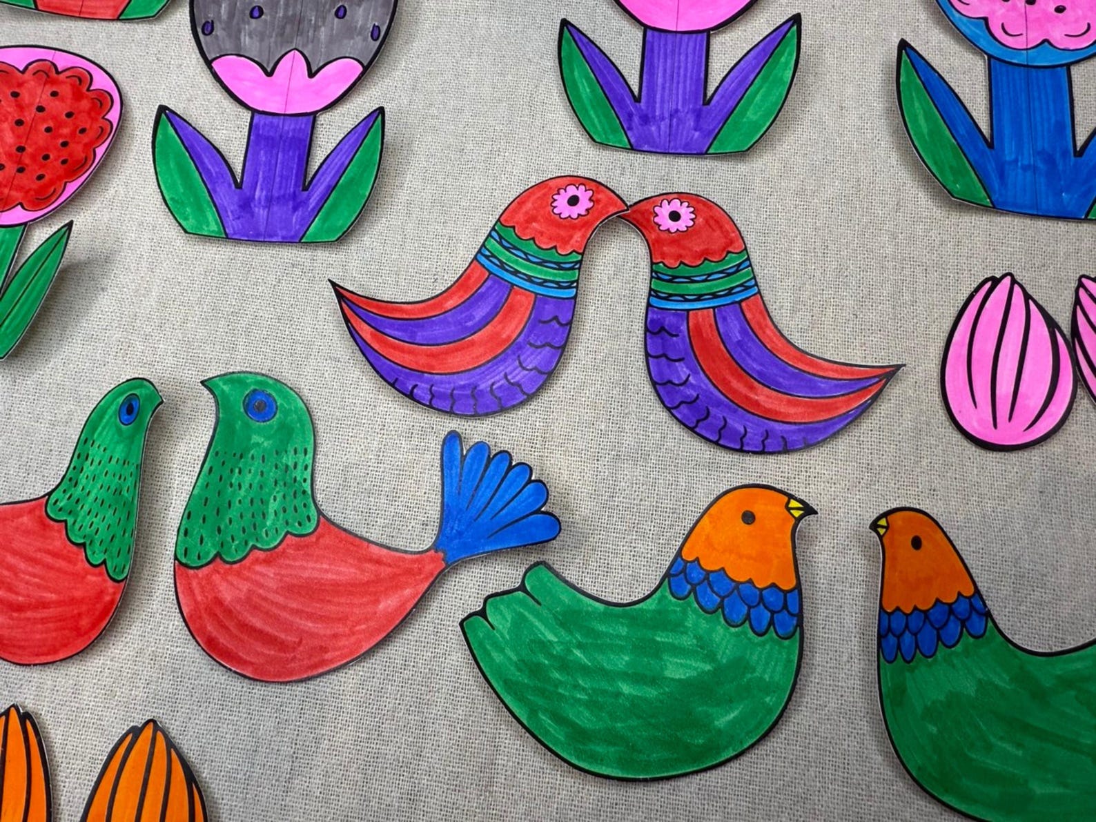Spring Summer Bird Flower Coloring Set, Kids DIY Flowers Coloring Page ...