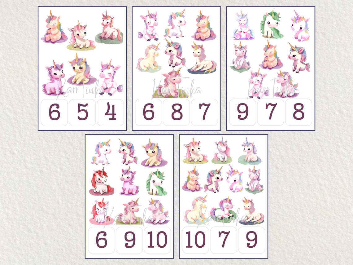 Cute Unicorns Count and Clip Cards 1-10, Count and Match, Numbers ...