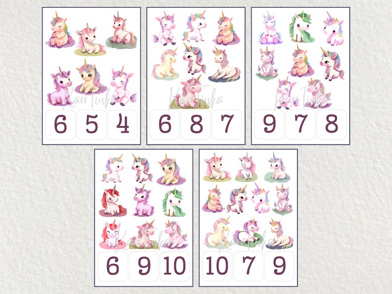 Cute Unicorns Count and Clip Cards 1-10, Count and Match, Numbers ...