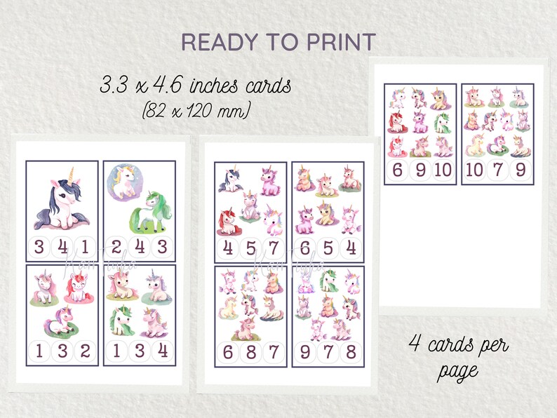 Cute Unicorns Count and Clip Cards 1-10, Count and Match, Numbers ...