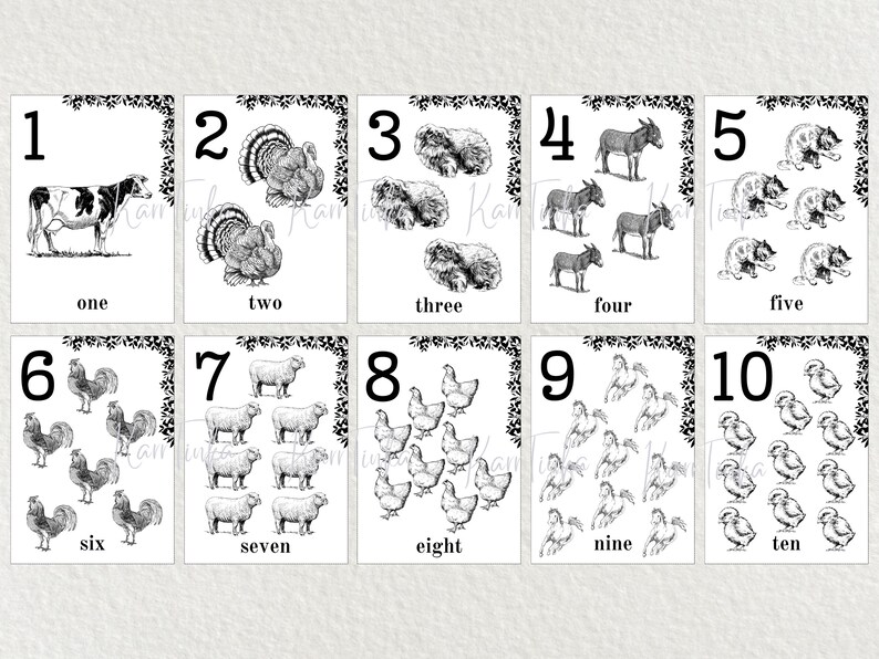 Farm Numbers 1 to 10 Flash Cards Printable, Nature Flashcards, Counting ...