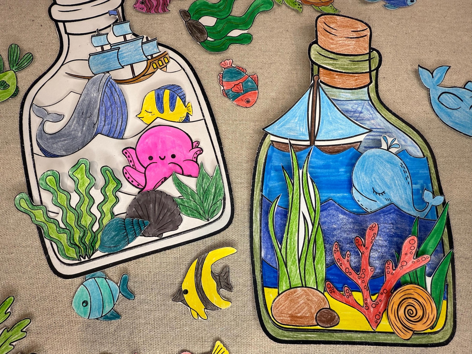 Build an Ocean in a Bottle Coloring, Summer DIY Kids Paper Craft ...