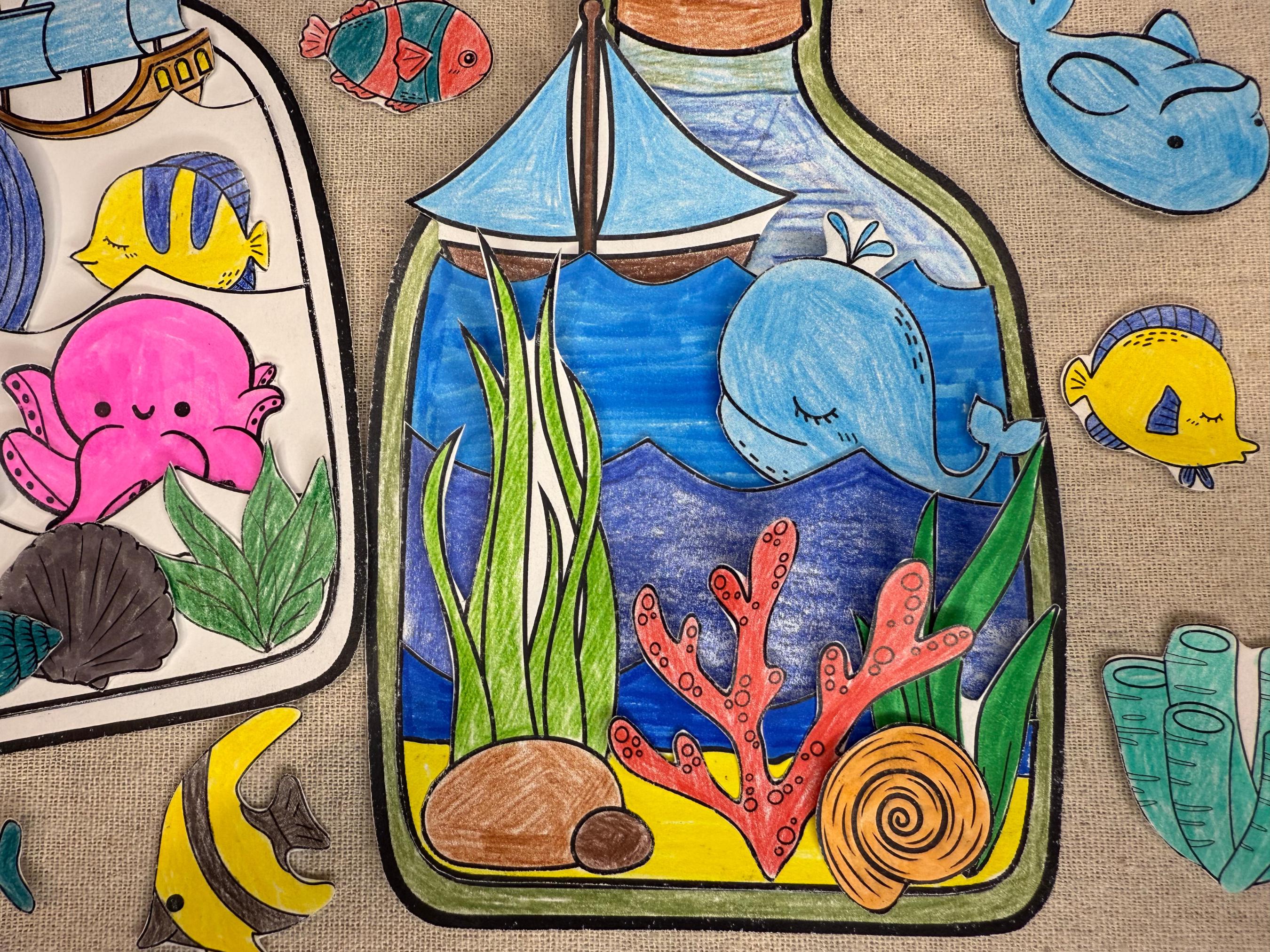 Build an Ocean in a Bottle Coloring, Summer DIY Kids Paper Craft ...