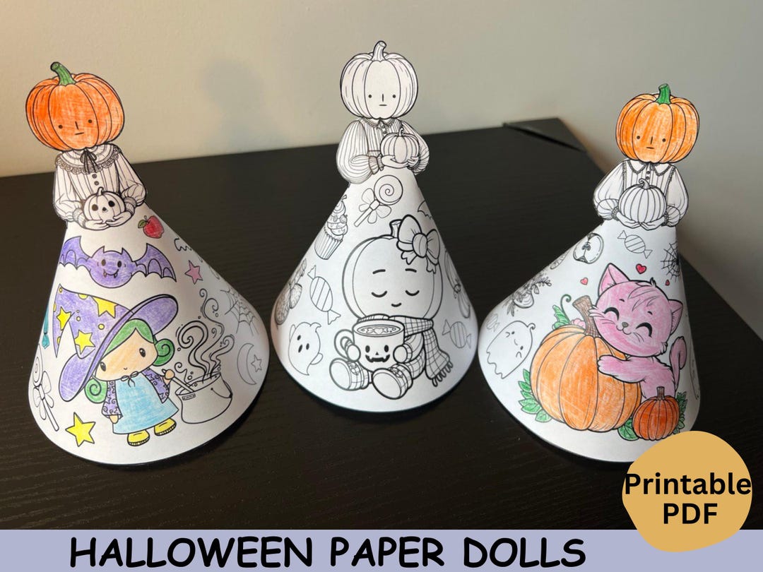Halloween Paper Dolls Coloring Set, Pumpkin Paper Craft Kit, Color and ...