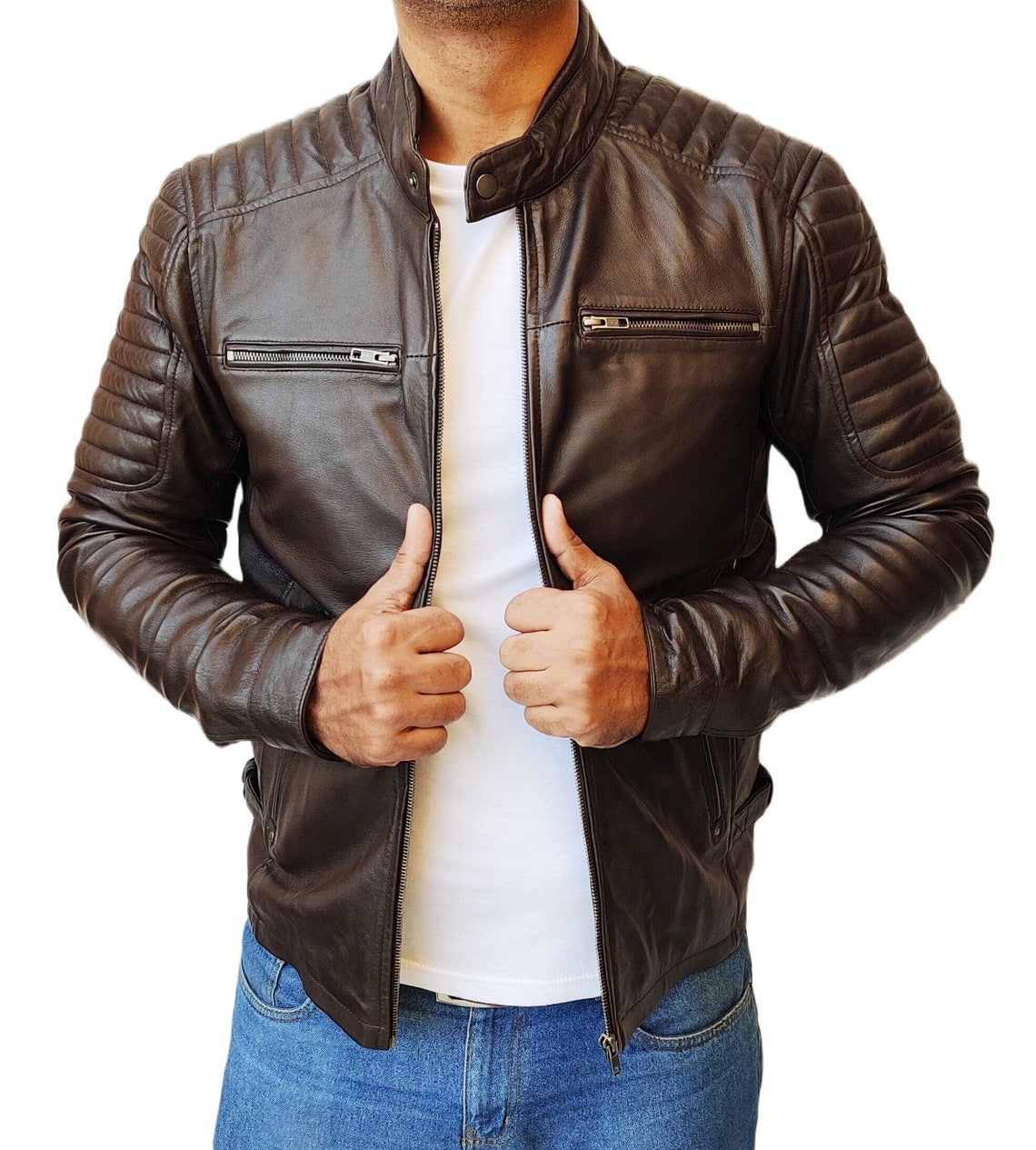 Brown Leather Jacket Men, Best Motorcycle Biker Jacket Cafe Racing ...